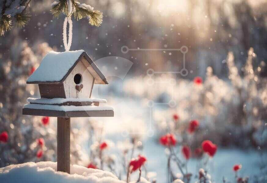 Winter Birdhouse with Red Flowers stock photo | Creative Fabrica