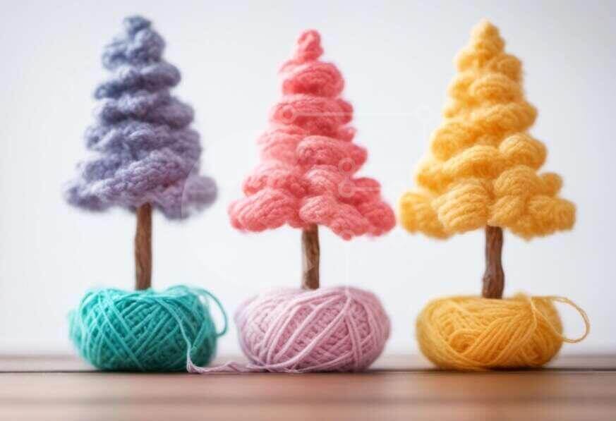 Colorful Yarn Trees as Decorative Ornaments stock photo | Creative Fabrica