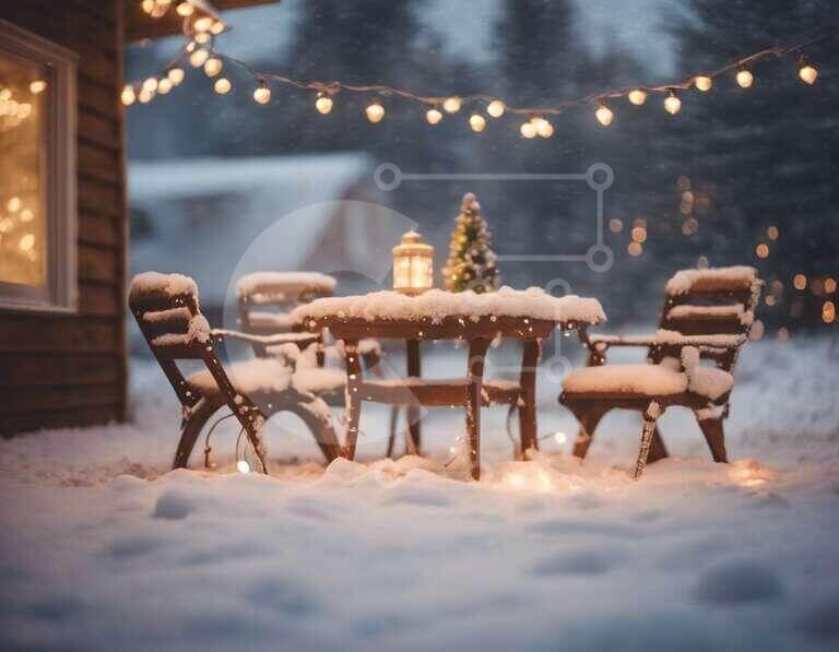 Festive Winter Scene - Outdoor Dining with Christmas Decorations stock photo | Creative Fabrica