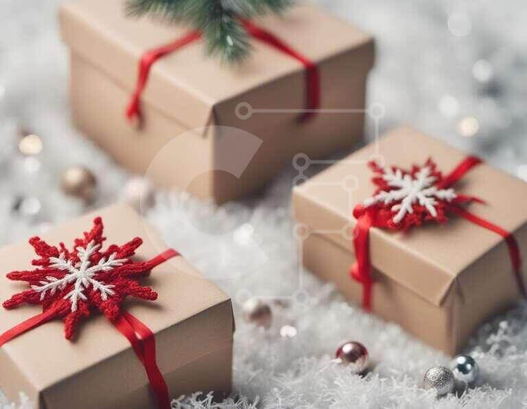 Festive Gift Boxes in the Snow stock photo | Creative Fabrica