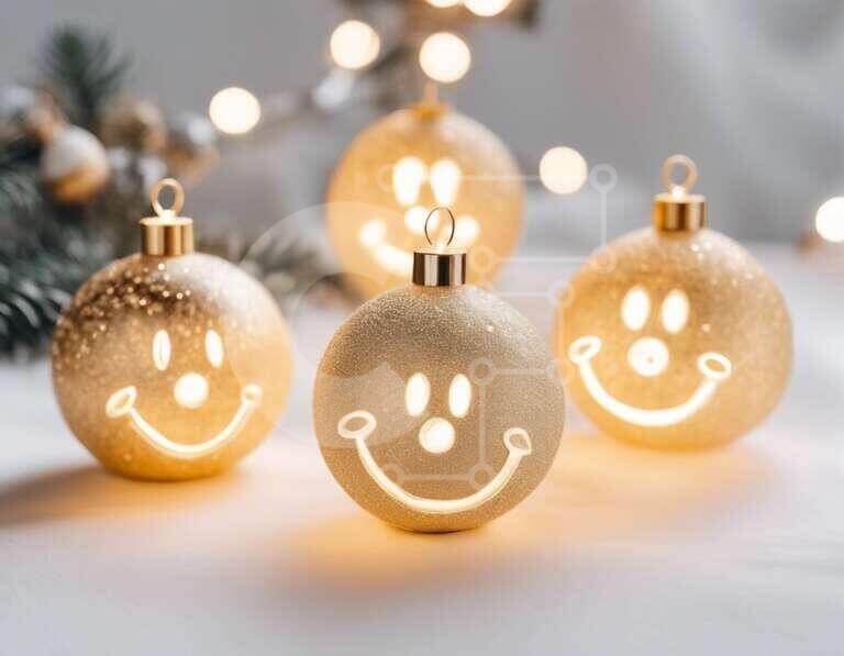 Gold Smiley Face Baubles on White Tabletop stock photo | Creative Fabrica