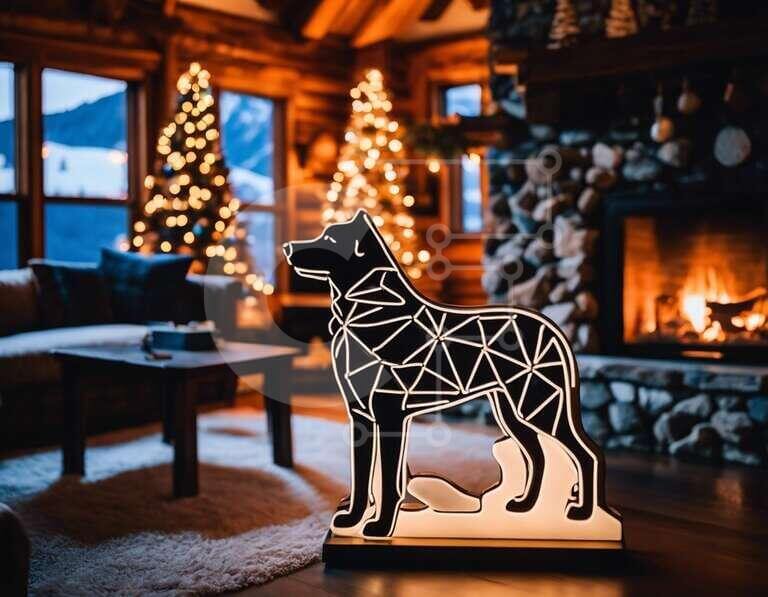 Holiday Living Room with Dog-shaped Light Sculpture stock photo ...