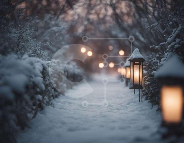 Winter Wonderland: A Snowy Pathway Illuminated by Lanterns stock photo ...