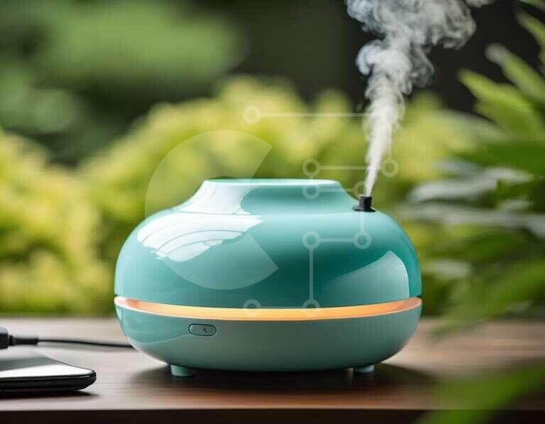 Teal-colored Humidifier on Wooden Table stock photo | Creative Fabrica