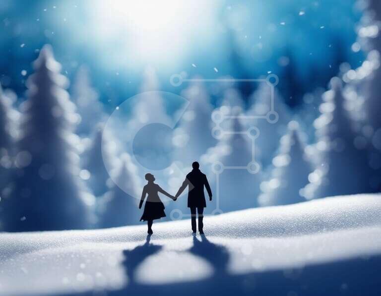 Romantic Winter Scene: Couple Walking in Snowy Forest stock photo ...