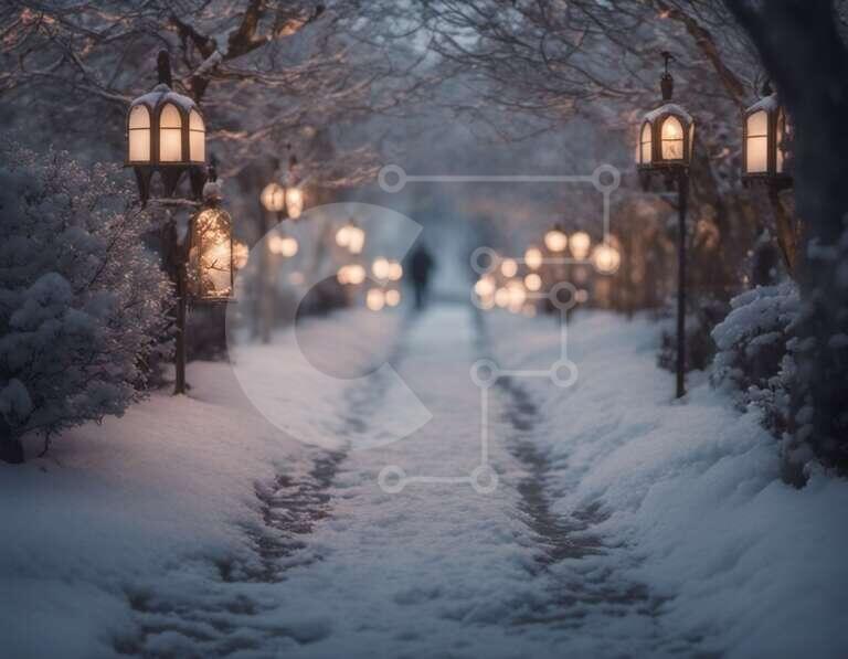 Winter Wonderland: Snowy Pathway with Lanterns stock photo | Creative ...