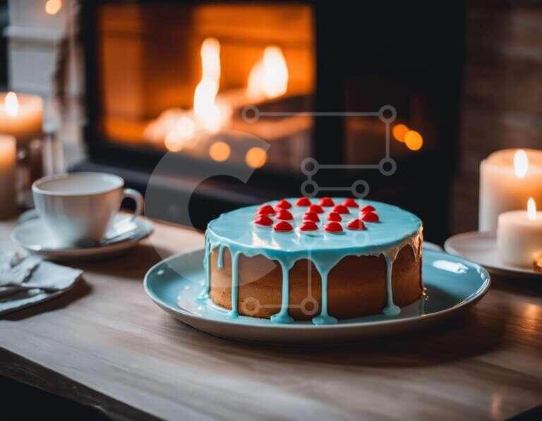 Cozy Cake with Blue Icing and Cherries stock photo | Creative Fabrica