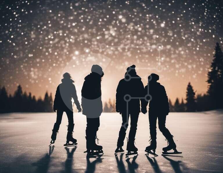 Nighttime Ice Skating with Silhouettes on Snowy Background stock photo ...