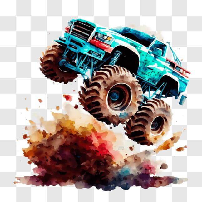 Download Blue monster truck in the air with colorful splatters PNGs ...