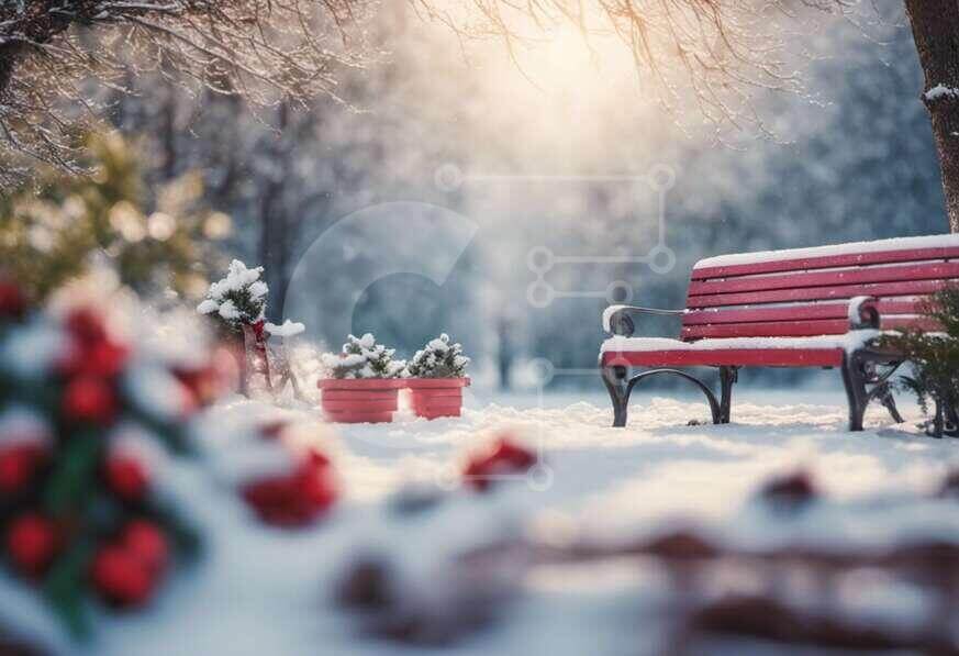 Winter Wonderland: Red Bench in Snowy Park stock photo | Creative Fabrica