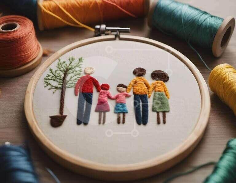 Family Portrait Embroidery with Nature Theme stock photo | Creative Fabrica