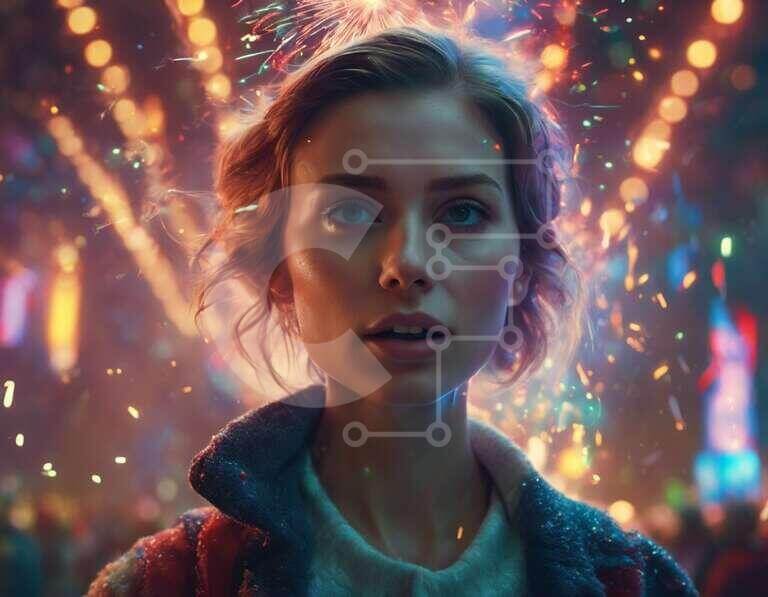 Image captivante d'une femme devant une ville illuminée photo stock ...