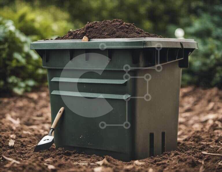 Green Trash Can in Garden with Plants and Shovel stock photo | Creative ...