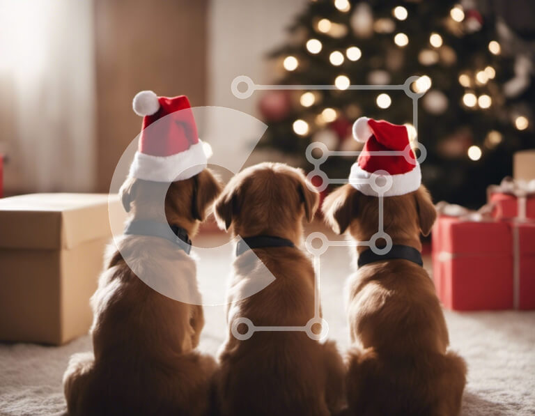 Dogs in Santa Hats with Christmas Tree and Presents stock photo ...