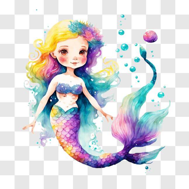 Download Colorful-haired Mermaid with Bubbles - Watercolor Illustration ...