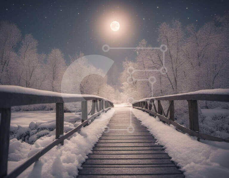 Snow-covered Wooden Bridge with Full Moon stock photo | Creative Fabrica