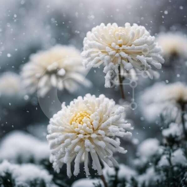 White flowers covered in snow stock photo | Creative Fabrica