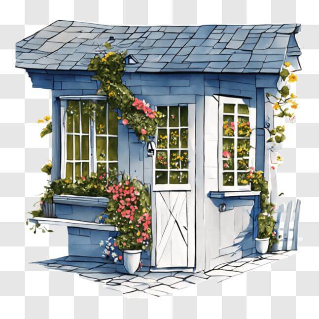 Download Blue Cottage with Flowers and Potted Plants PNGs Online ...