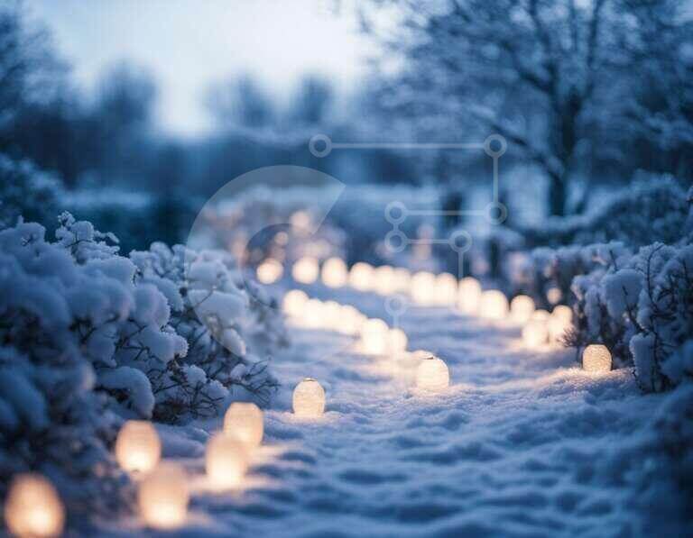 Winter Wonderland: Snowy Pathway with Candlelit Lanterns stock photo ...