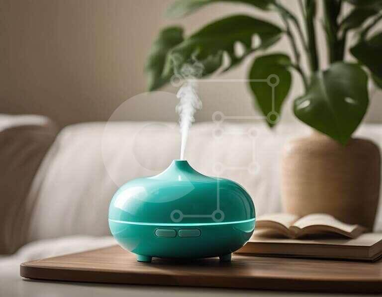 Teal Humidifier on Coffee Table stock photo | Creative Fabrica