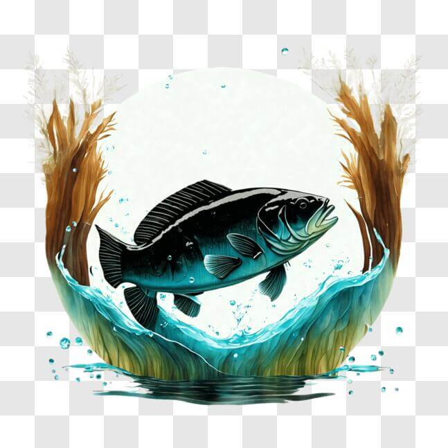 Download Black Fish Jumping Out of Water with Vegetation and Grasses ...