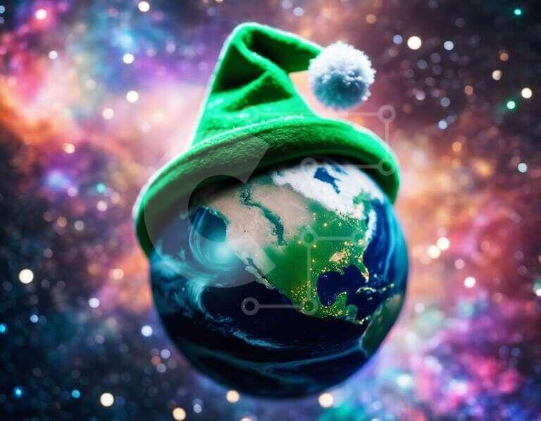 Green Santa Hat on Planet Earth - Christmas Decoration stock photo ...