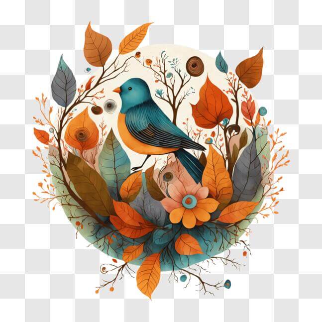 Download Blue Bird Sitting on Autumn Leaves and Flowers PNGs Online ...