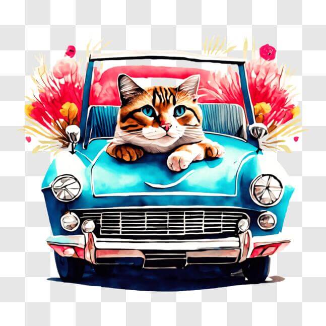 Download Cat in a Vintage Blue Car PNGs Online - Creative Fabrica