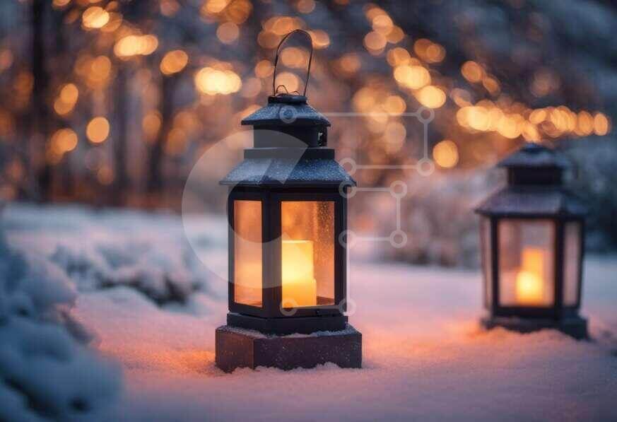 Winter Lanterns Illuminated with Candlelight stock photo | Creative Fabrica