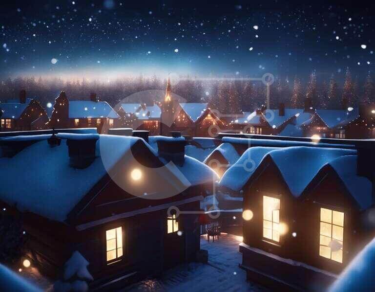 Snowy Village at Night with Festive Lights stock photo | Creative Fabrica