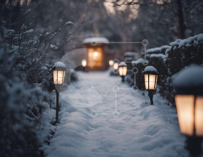 Winter Pathway with Illuminated Lampposts stock photo | Creative Fabrica