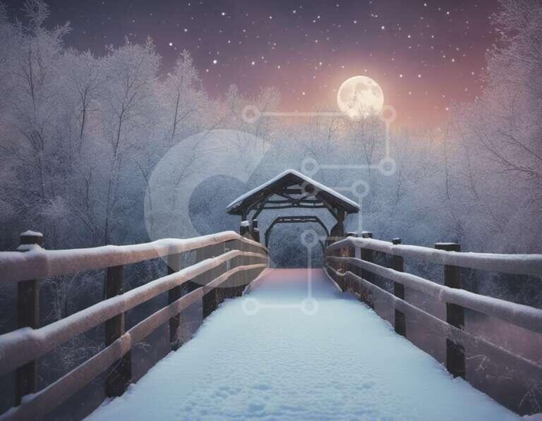 Winter Wonderland: Wooden Bridge in a Snowy Forest at Night stock photo ...