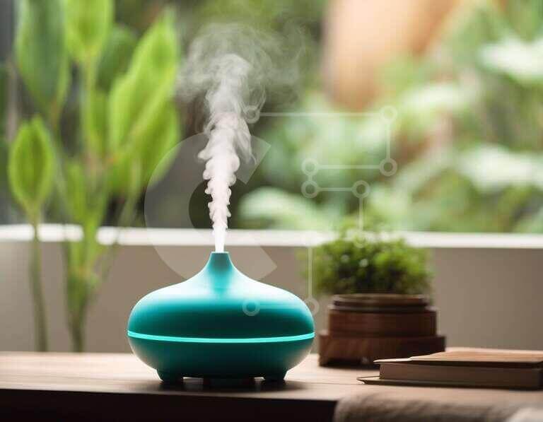 Blue Humidifier with Steam and Book stock photo | Creative Fabrica