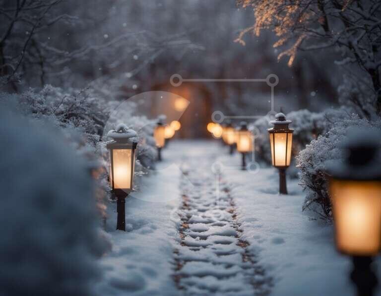 Snowy Pathway with Illuminated Lampposts stock photo | Creative Fabrica