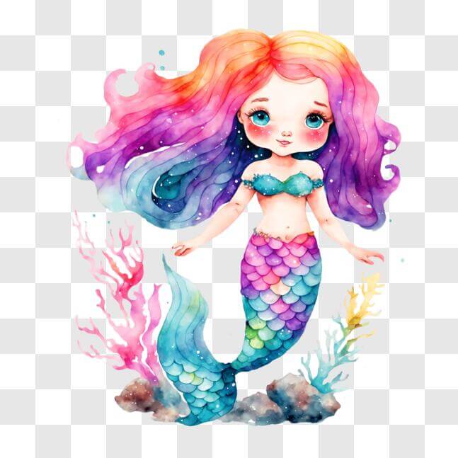 Download Colorful Mermaid in the Water with Corals and Seashells PNGs ...