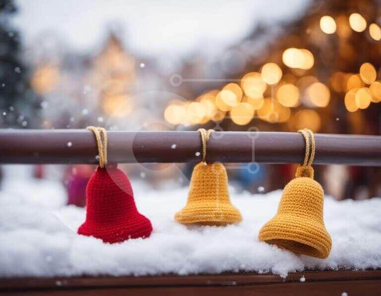 Festive Crocheted Bells Hanging in the Snow stock photo | Creative Fabrica