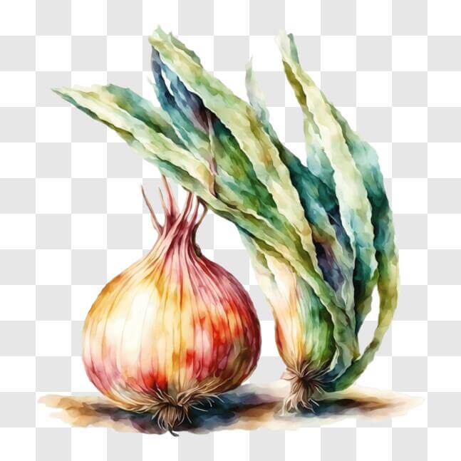 Download Watercolor painting of two onions with green and red leaves ...