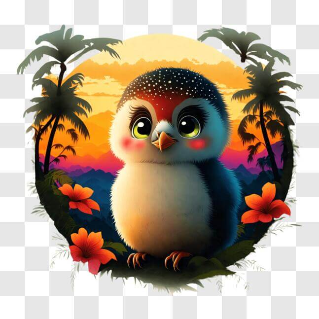 Download Cartoon Penguin enjoying tropical flowers and palm trees PNGs ...