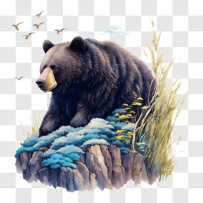 Download Black Bear Sitting on Grass with Birds Flying Around PNGs ...