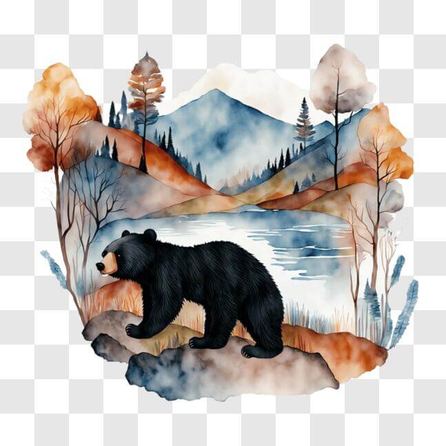 Download Black Bear in the Forest with Trees and Mountains PNGs Online ...