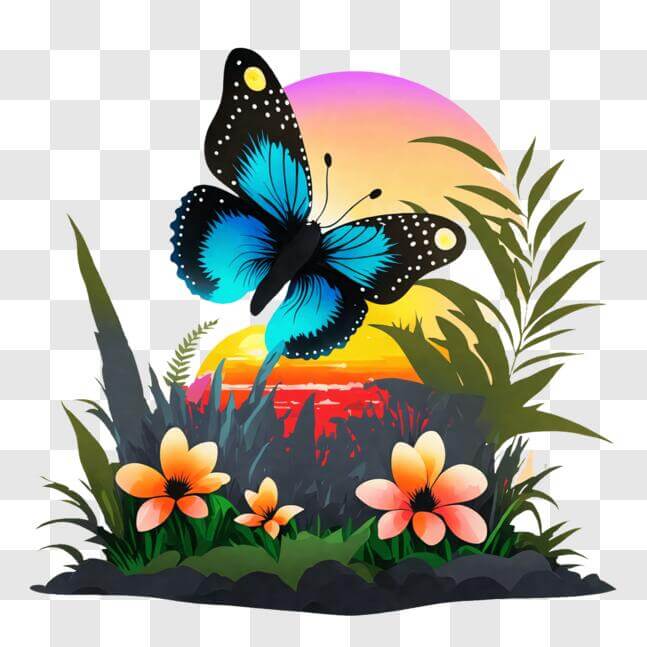 Download Blue butterfly on flowers with sunset in the background PNGs ...