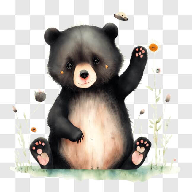 Download Friendly Black Bear Waving in the Grass with Flowers PNGs ...