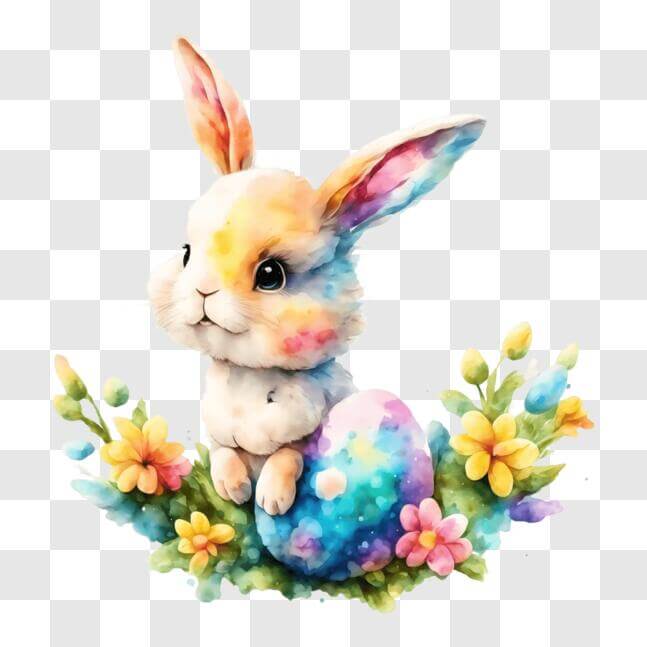 Download Watercolor Bunny on Easter Egg with Colorful Flowers PNGs ...