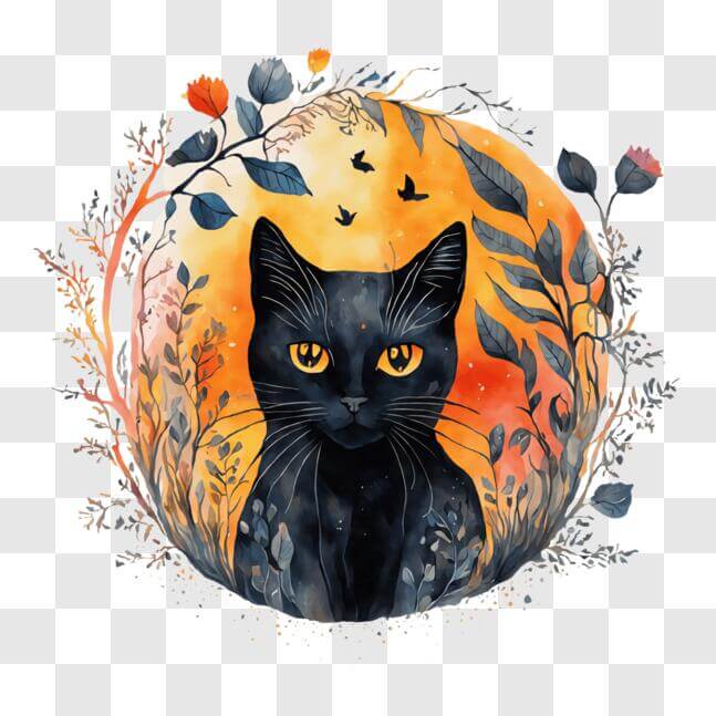 Download Black Cat in Nature with Flowers and Birds PNGs Online ...