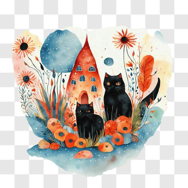 Download Watercolor Painting of Two Black Cats in a Playful Scene PNGs ...