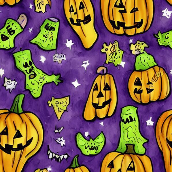 Download Purple Halloween Seamless Pattern with Cartoon Pumpkins and ...