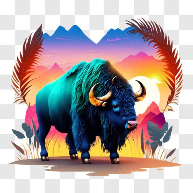 Download Colorful Buffalo in Grassland with Palm Trees and Sunset PNGs ...