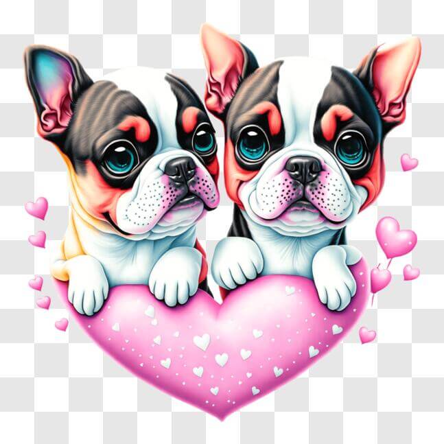 Download Two Boston Terrier Dogs on Heart-Shaped Pink Background PNGs ...