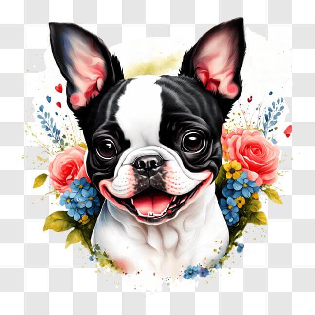 Download Smiling Boston Terrier Dog with Flowers PNGs Online - Creative ...