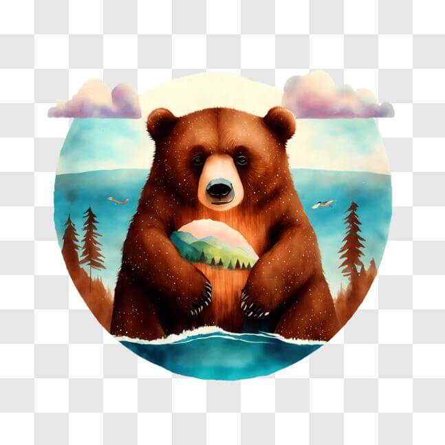 Download Brown Bear in the Water with Trees and Mountains PNGs Online ...